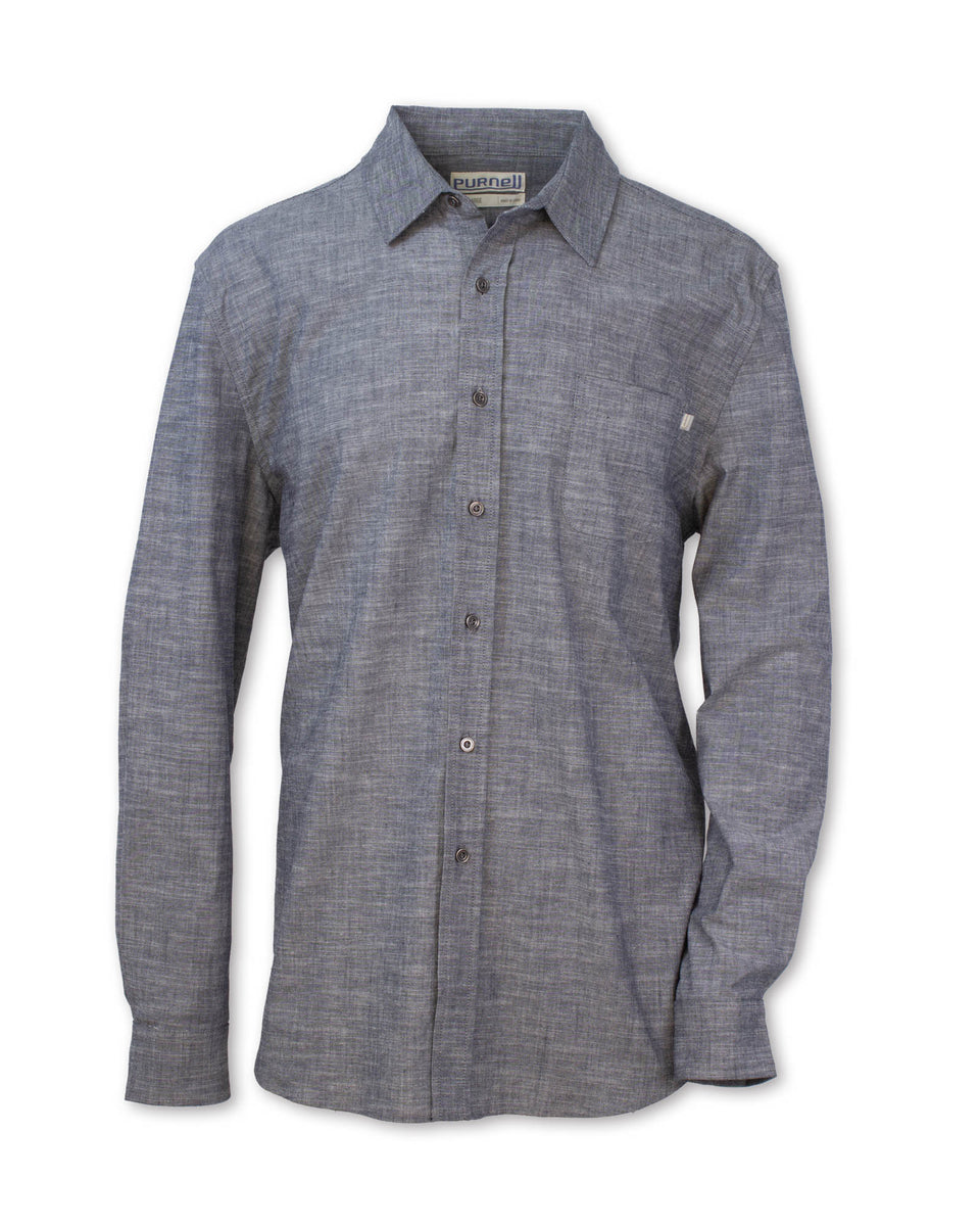 STRETCH CHAMBRAY BUTTON UP - SHIPS 8/1/26– Purnell Wholesale B2B Portal